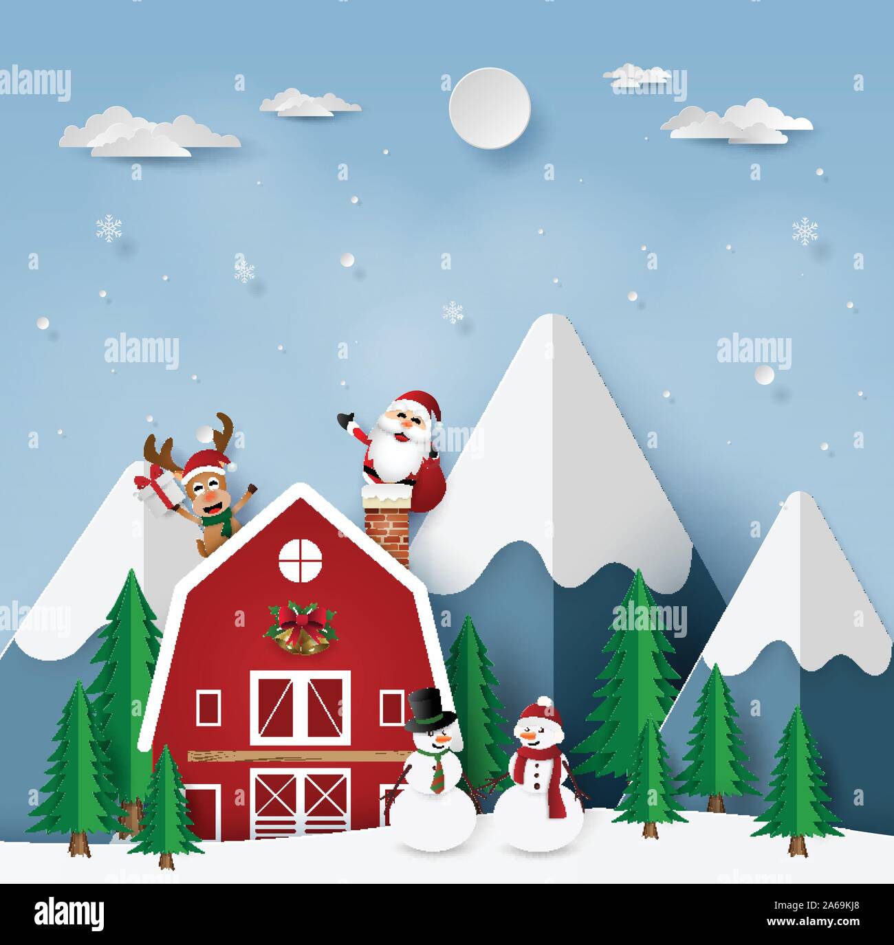 Paper art, Craft style of Christmas party with Santa Claus at red house ...