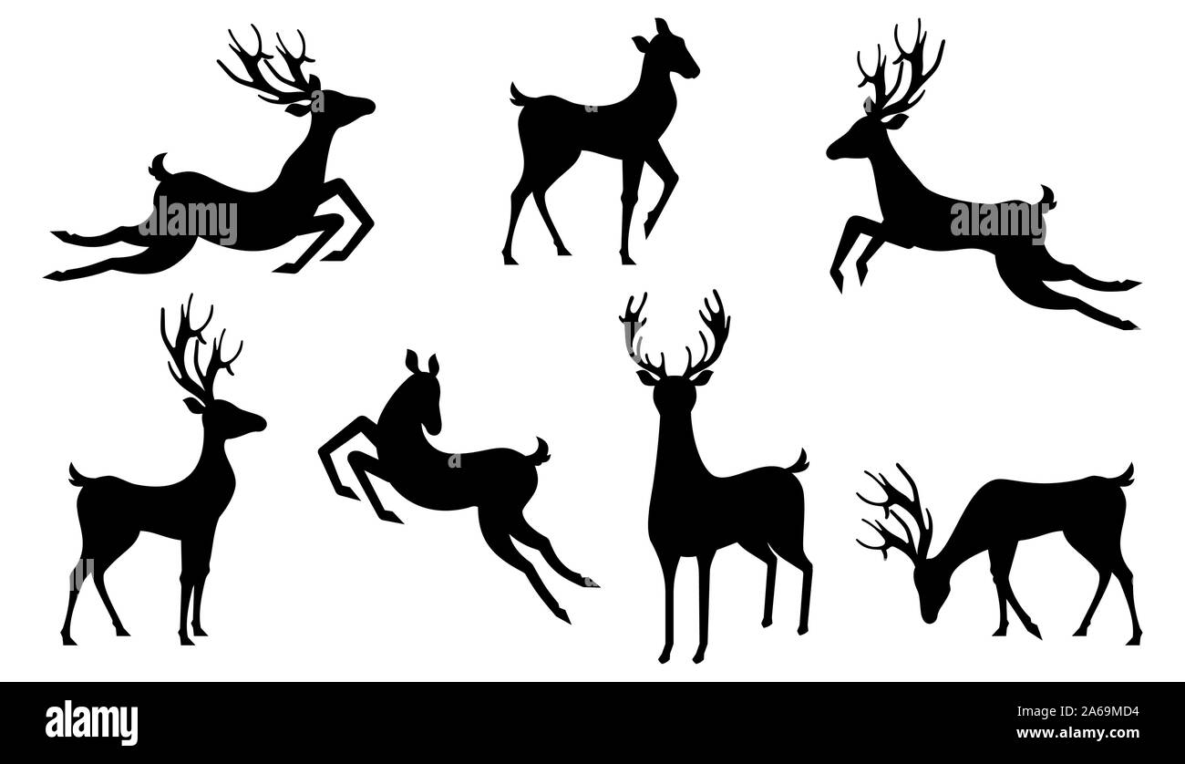 Set Silhouettes Deers Isolated. Jumping and Running Reindeers, Stags ...