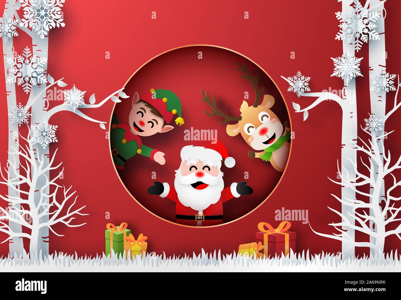 Origami paper art of Santa Claus, Reindeer and Elf inthe forest with ...