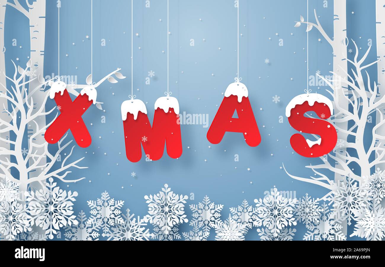 Origami paper art style, Hanging word XMAS in the forest with snowing ...