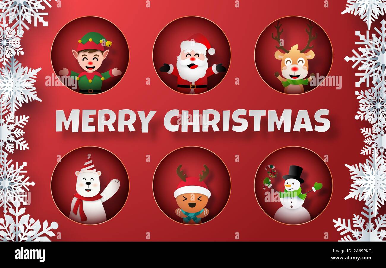 Paper art of Collection of Christmas characters on red background ...