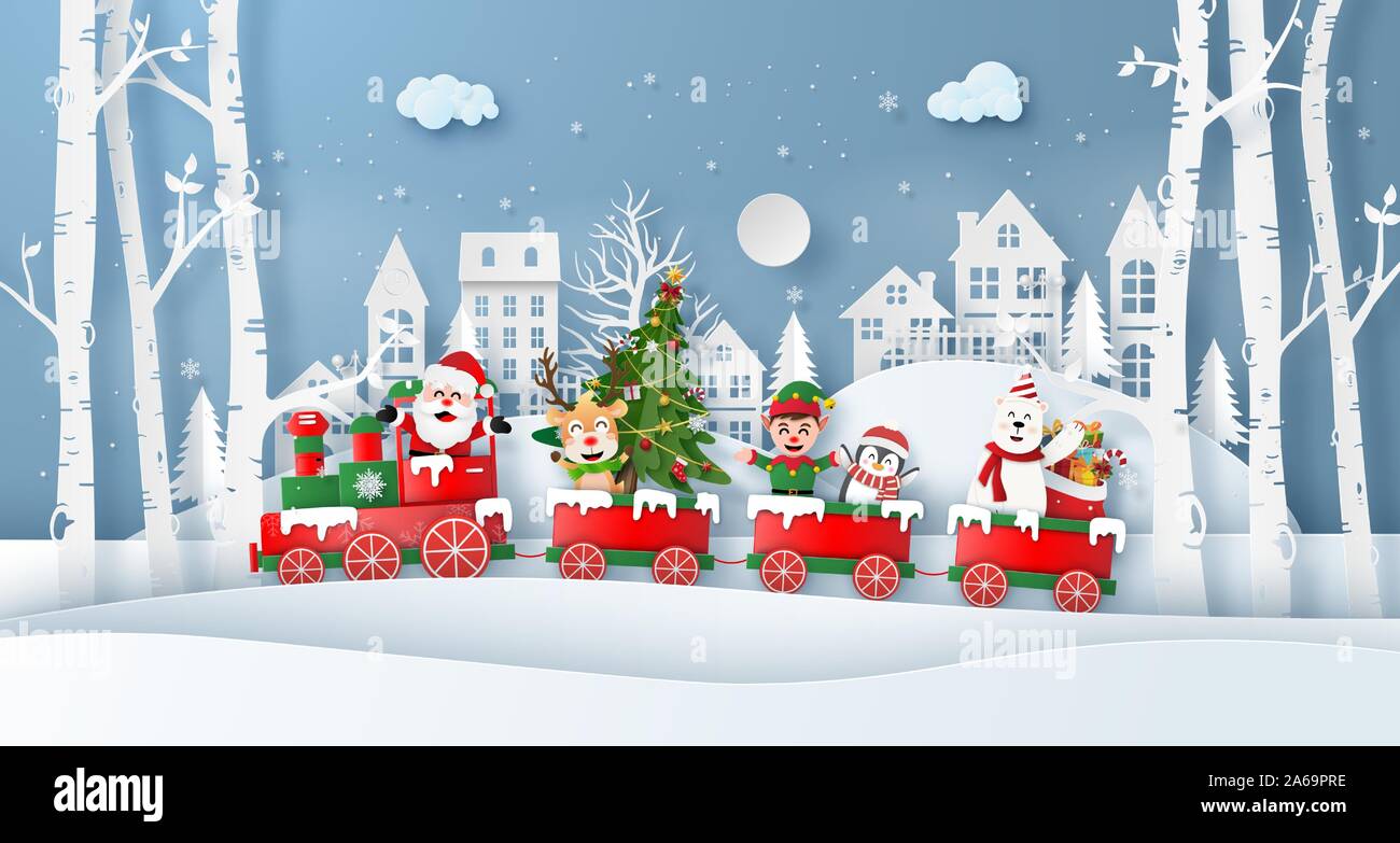 Origami paper art style, Christmas train with Santa Claus and friend in ...