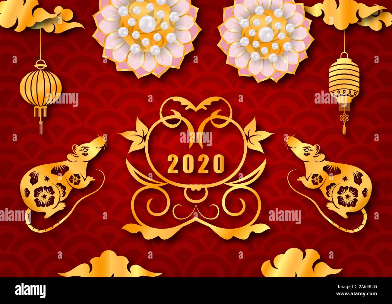 Happy Chinese New Year 2020 with Golden Rat Symbol, Asian Elements ...