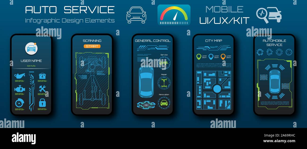 Design of Mobile Applications of Car Service. Home, Menu, User ...