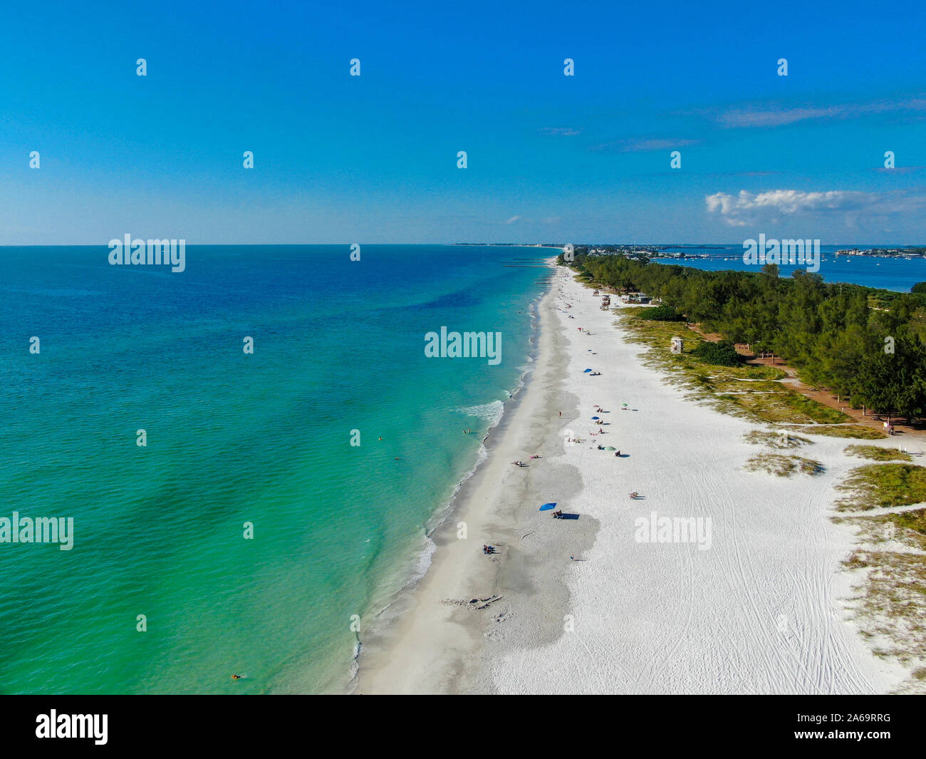Aerial view of Anna Maria Island, white sand beaches and blue water ...