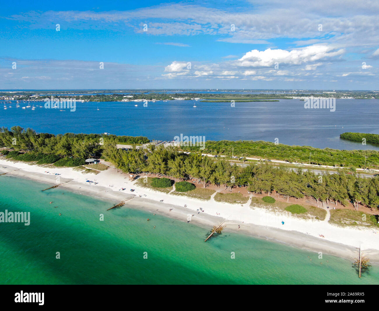 Aerial view of Anna Maria Island, white sand beaches and blue water ...