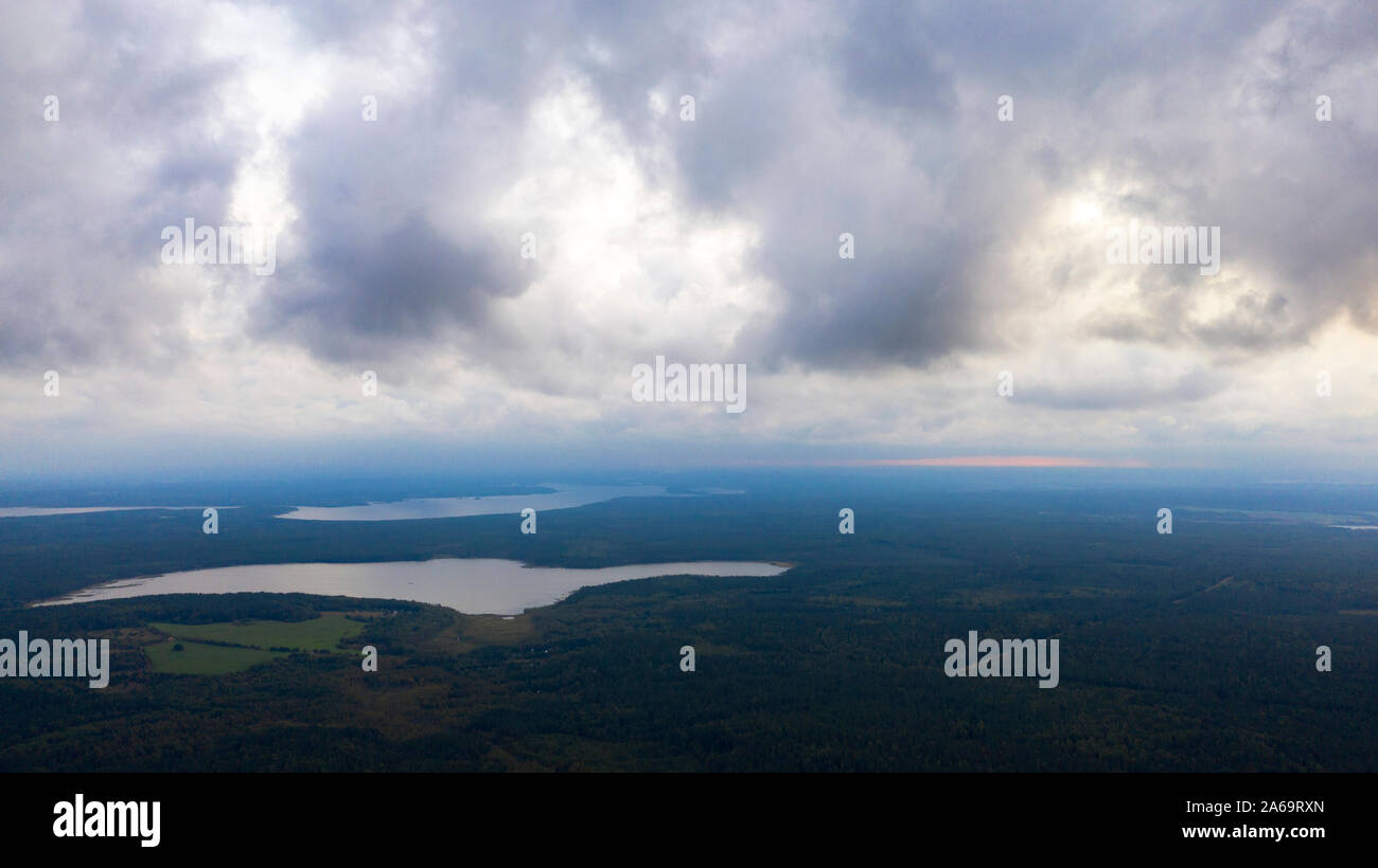 Aerial image of dark Storm clouds over the land. Aerial panorama of ...