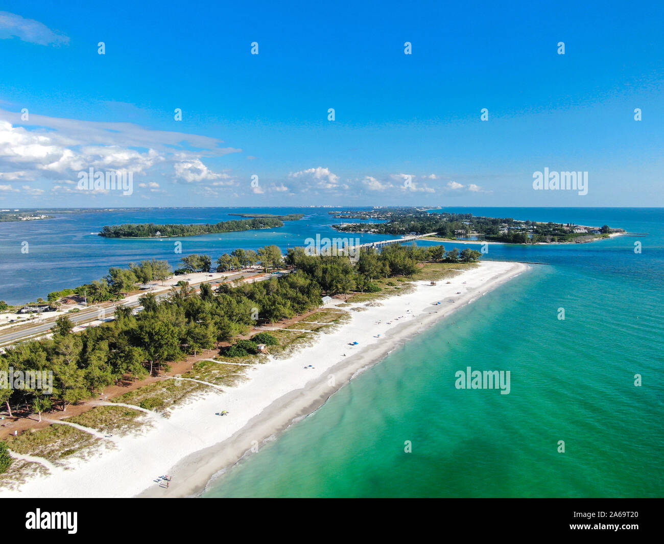 Aerial view of Anna Maria Island, white sand beaches and blue water ...