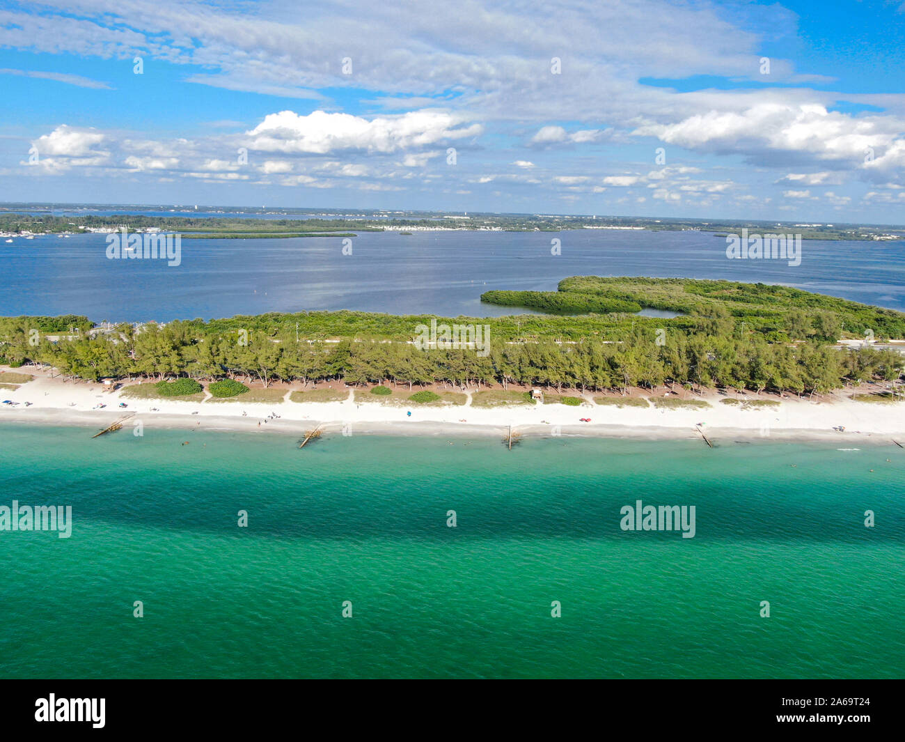 Aerial view of Anna Maria Island, white sand beaches and blue water ...