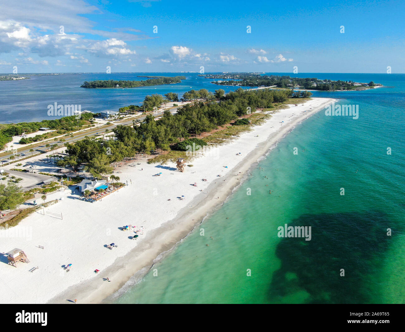 Aerial view of Anna Maria Island, white sand beaches and blue water ...