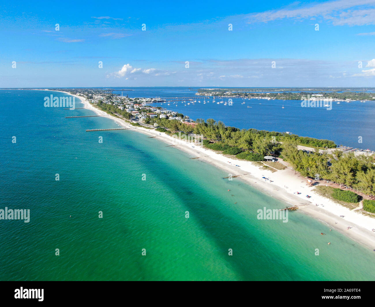 Aerial view of Anna Maria Island, white sand beaches and blue water ...