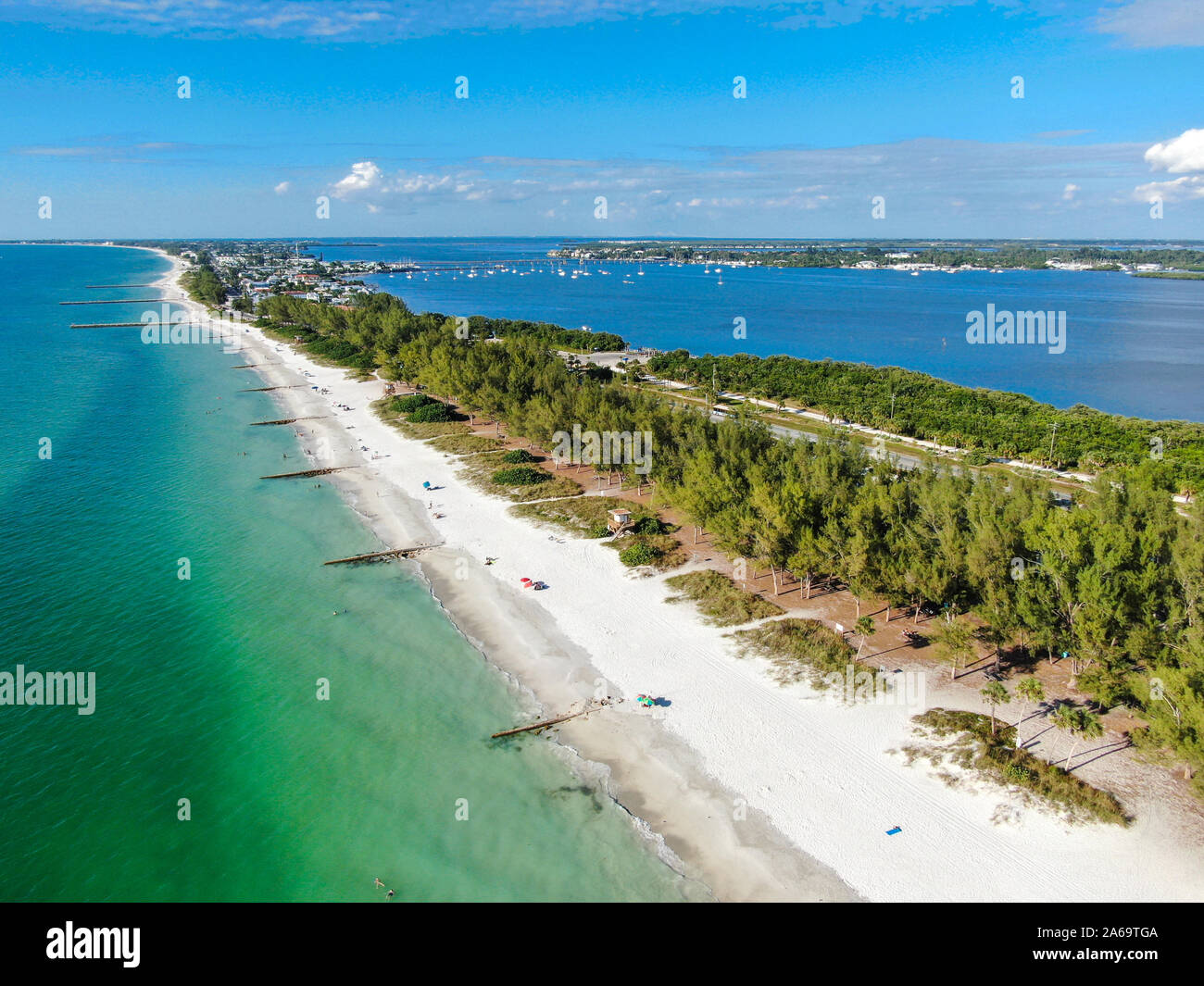 Aerial view of Anna Maria Island, white sand beaches and blue water ...