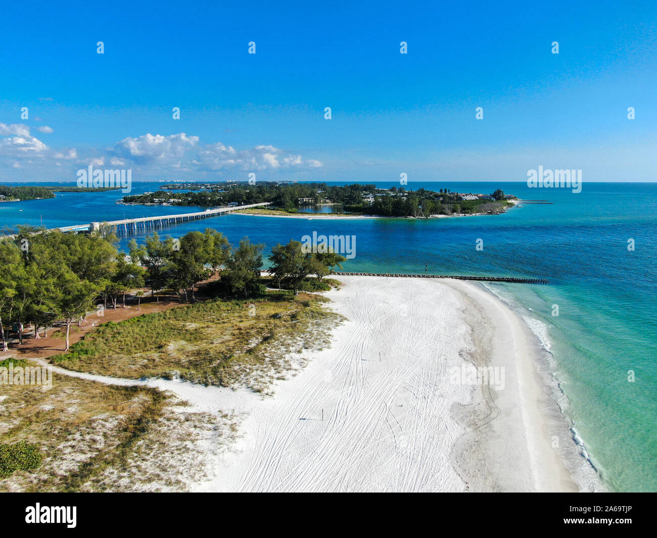 Aerial view of Anna Maria Island, white sand beaches and blue water ...