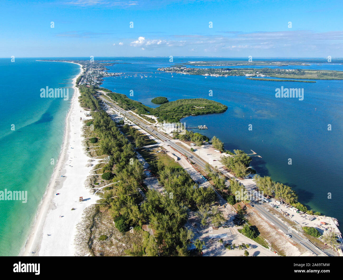 Aerial view of Anna Maria Island, white sand beaches and blue water ...