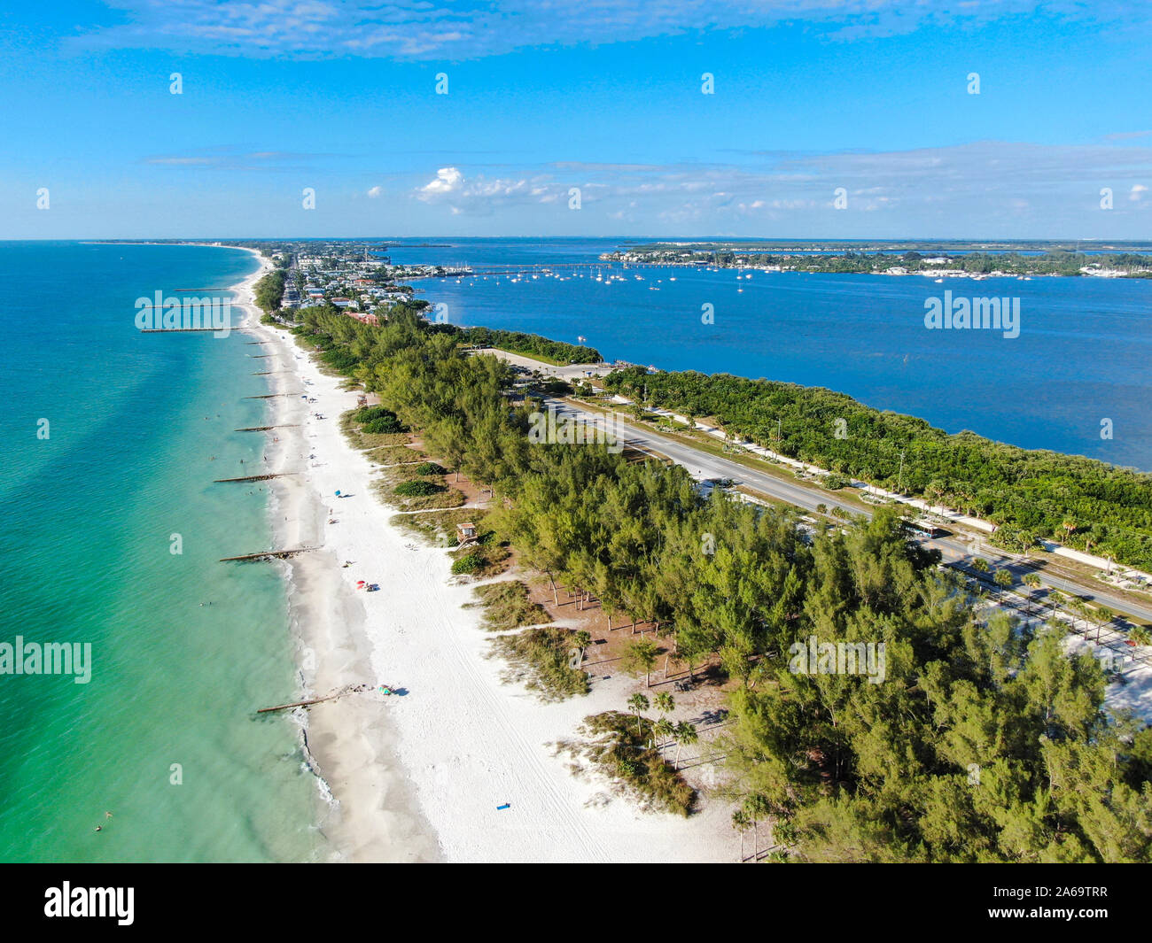 Aerial view of Anna Maria Island, white sand beaches and blue water ...