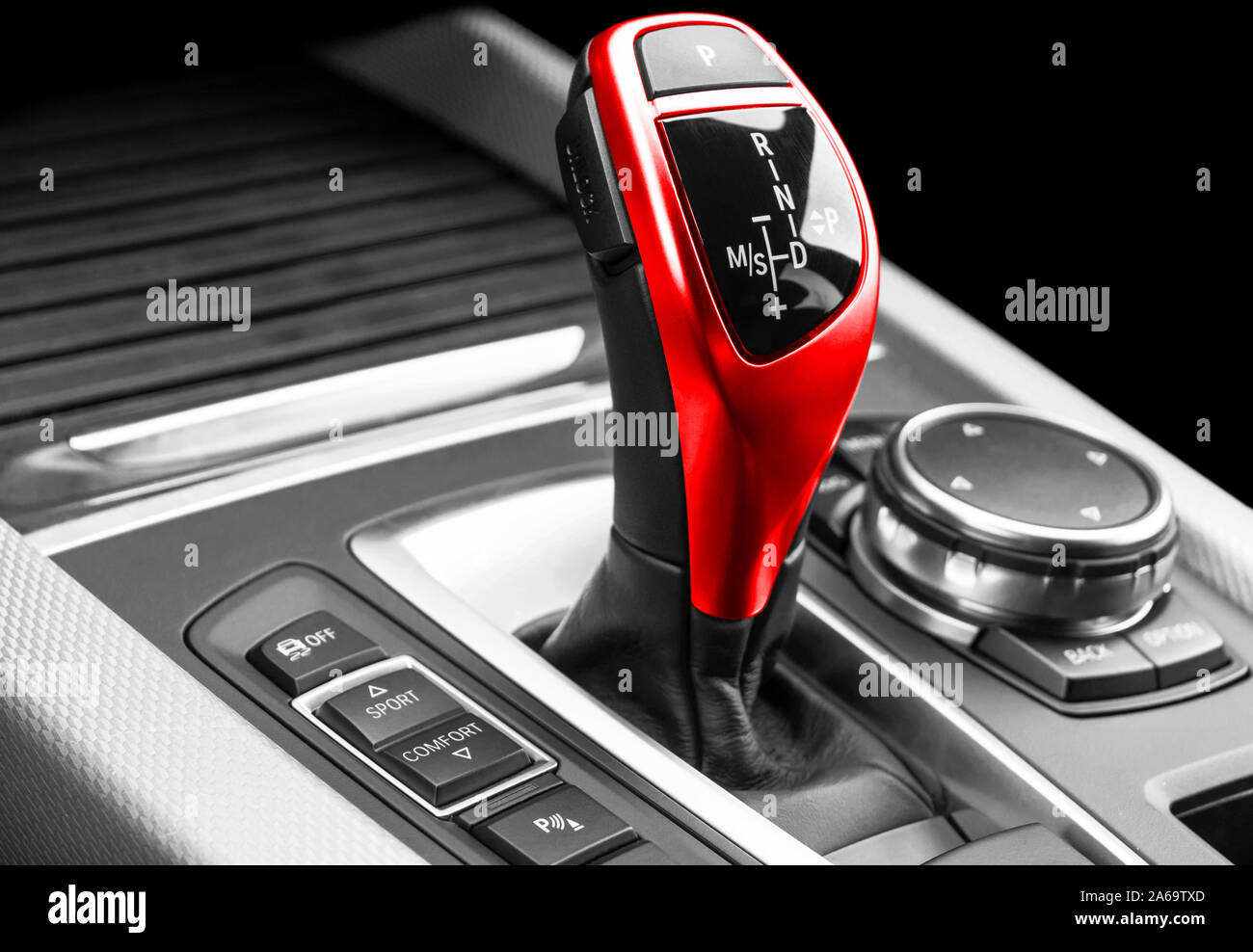 Automatic gear stick of a modern car. Maodern car interior details. Close up view. Car detailing ...