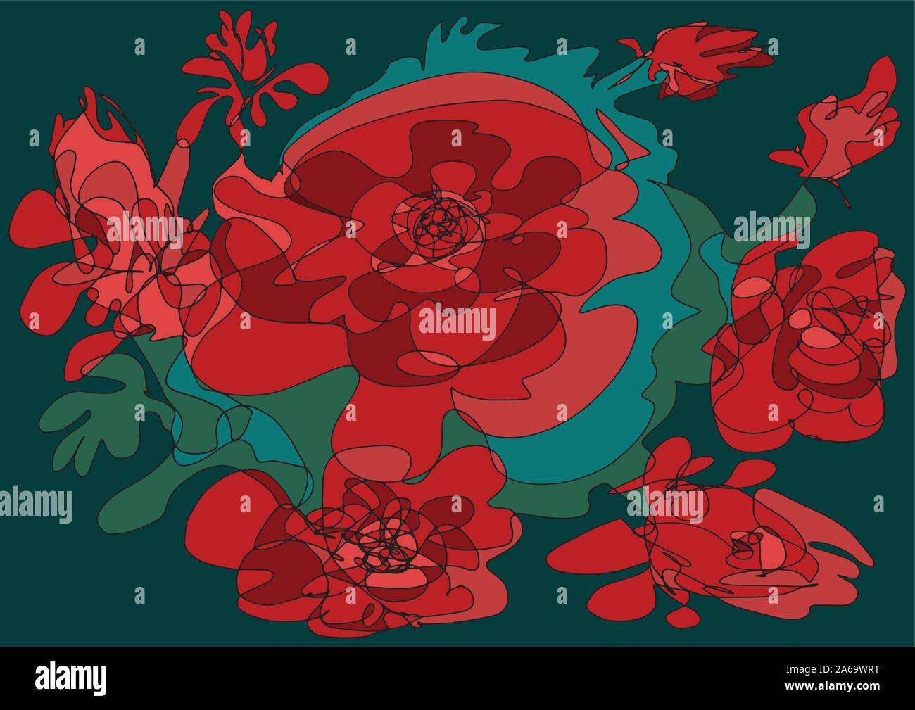A Red flamboyant Bouquet of Roses. Abstract decorative hand-drawn ...