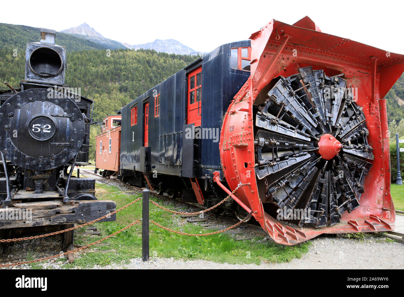An old steam snowplow locomotive in Skagway town, Skagway, Alaska, USA ...
