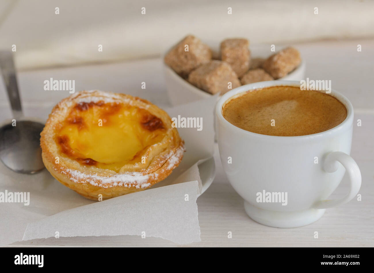 Pasteis de Belem, egg tart pastries with coffee at Lisbon cafe in ...