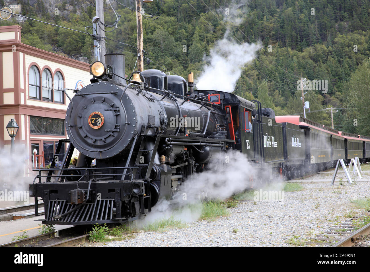 An old steam locomotive in Skagway town, Skagway, Alaska, USA Stock ...