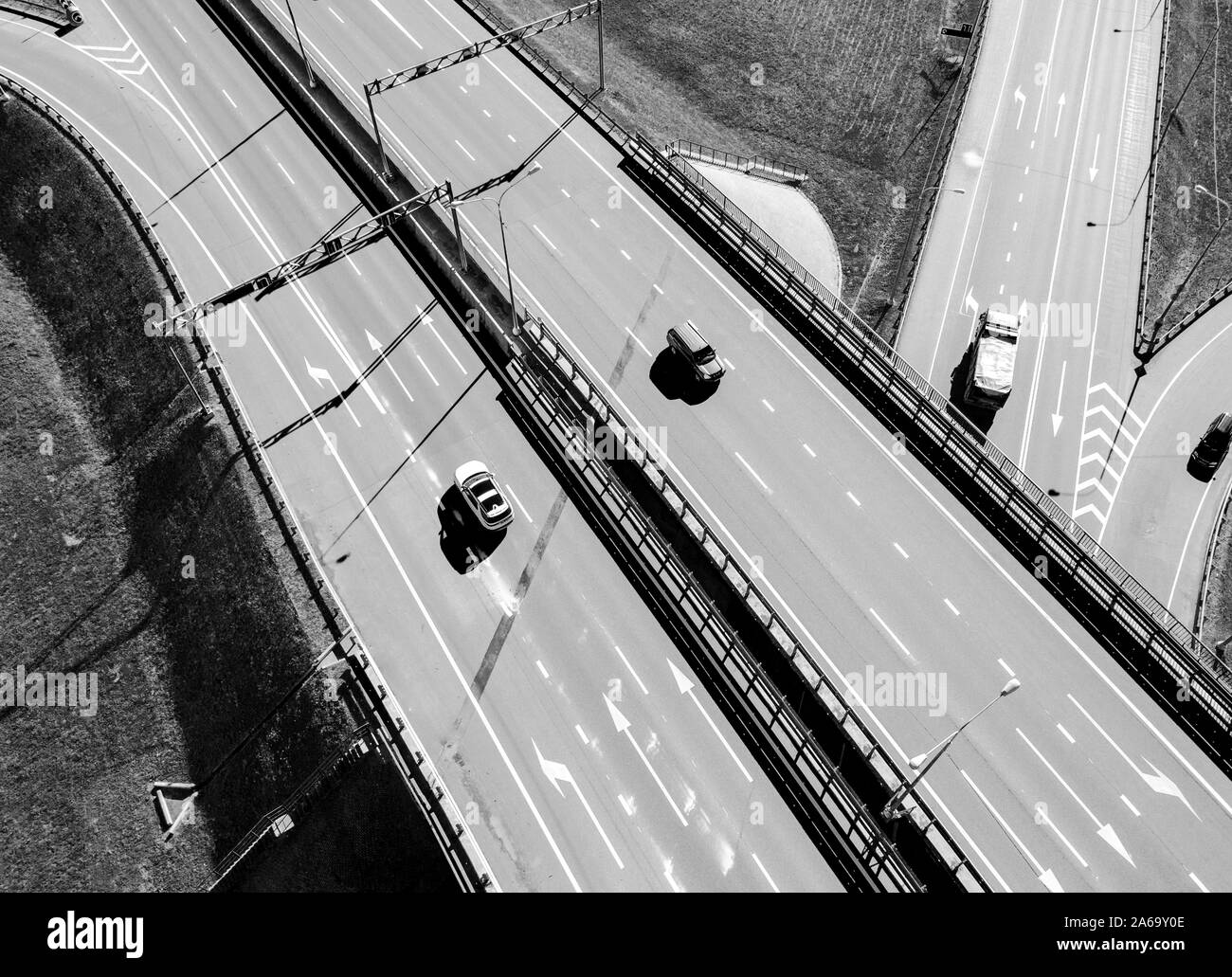 Aerial view of highway and overpass in city. Aerial view of cars ...