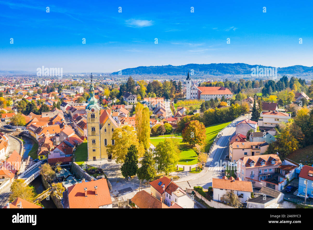 Croatia, town of Samobor, autumn in city, main square and church tower ...