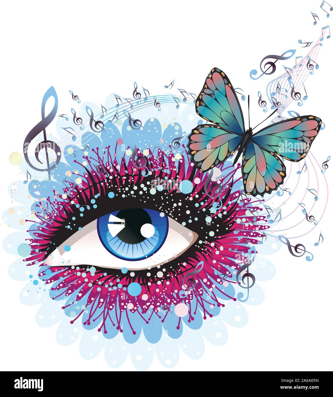 Decorative eye with long eyelashes, flowers, musical notes and ...