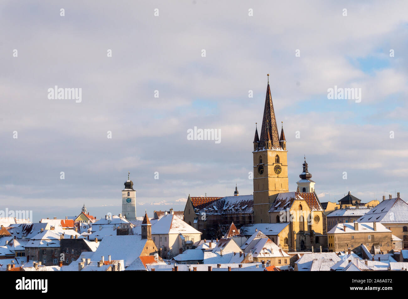 Winter panoramic view of Sibiu historic center in Transylvania, Romania ...