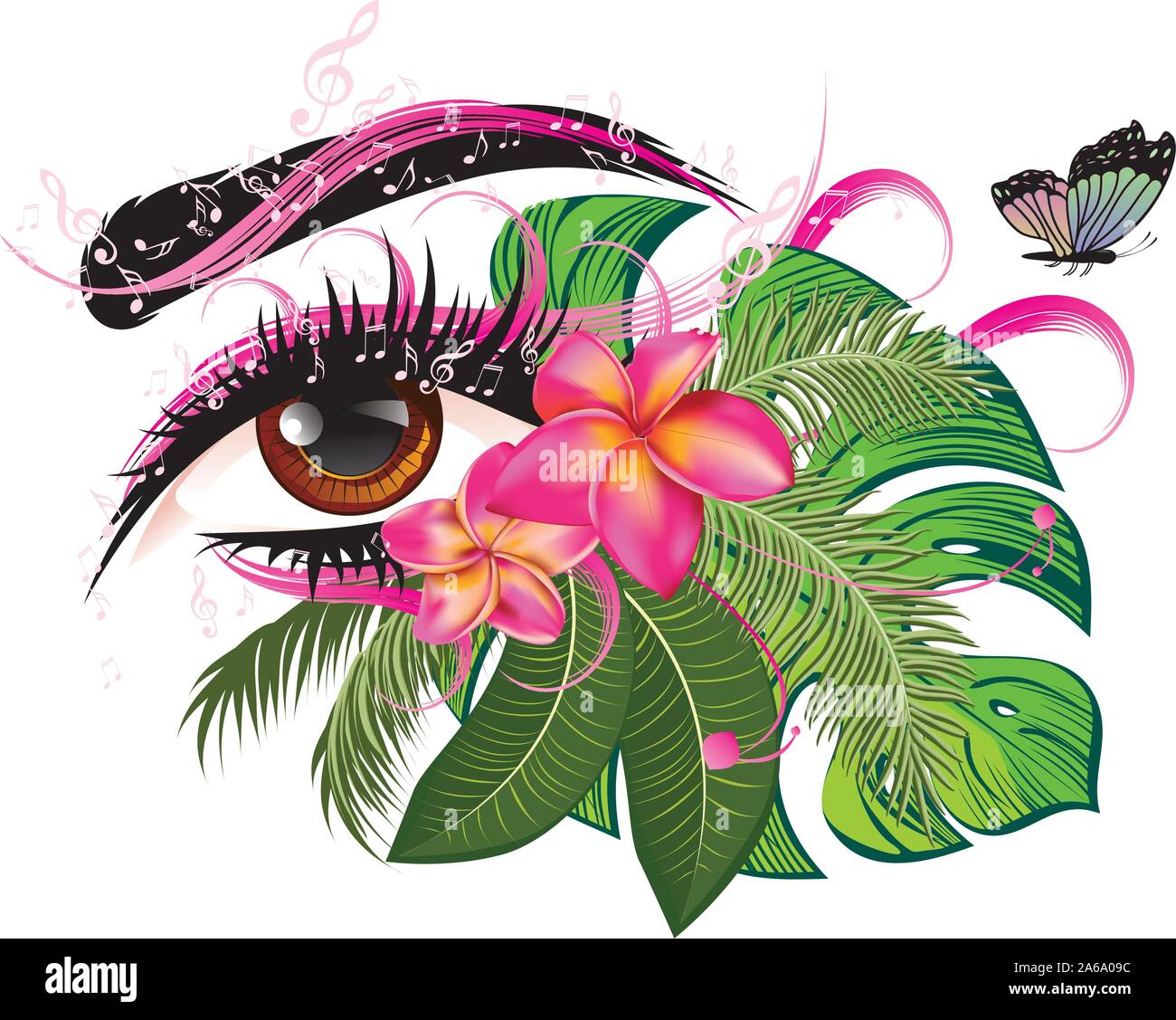 Decorative eye with long eyelashes, flowers, musical notes and ...