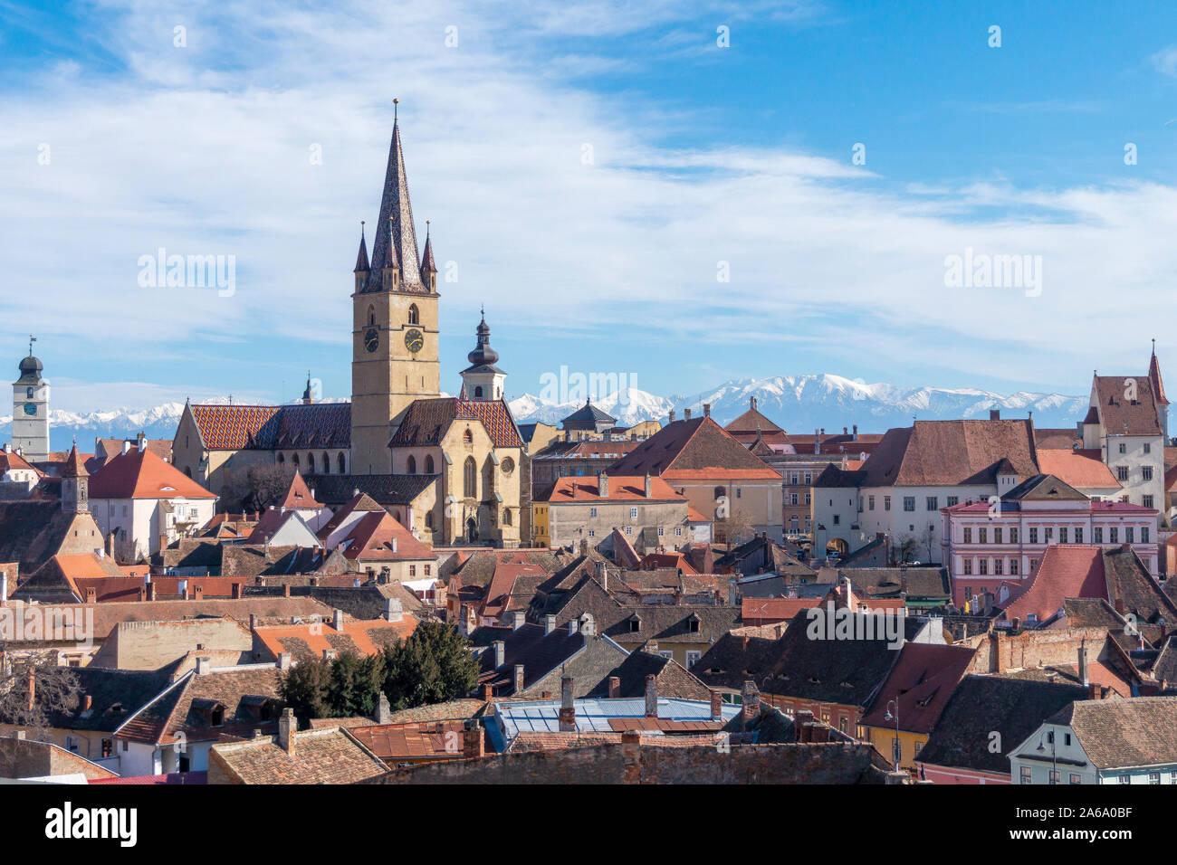 Aerial view over Evangelical Cathedral Saint Mary in Sibiu ...