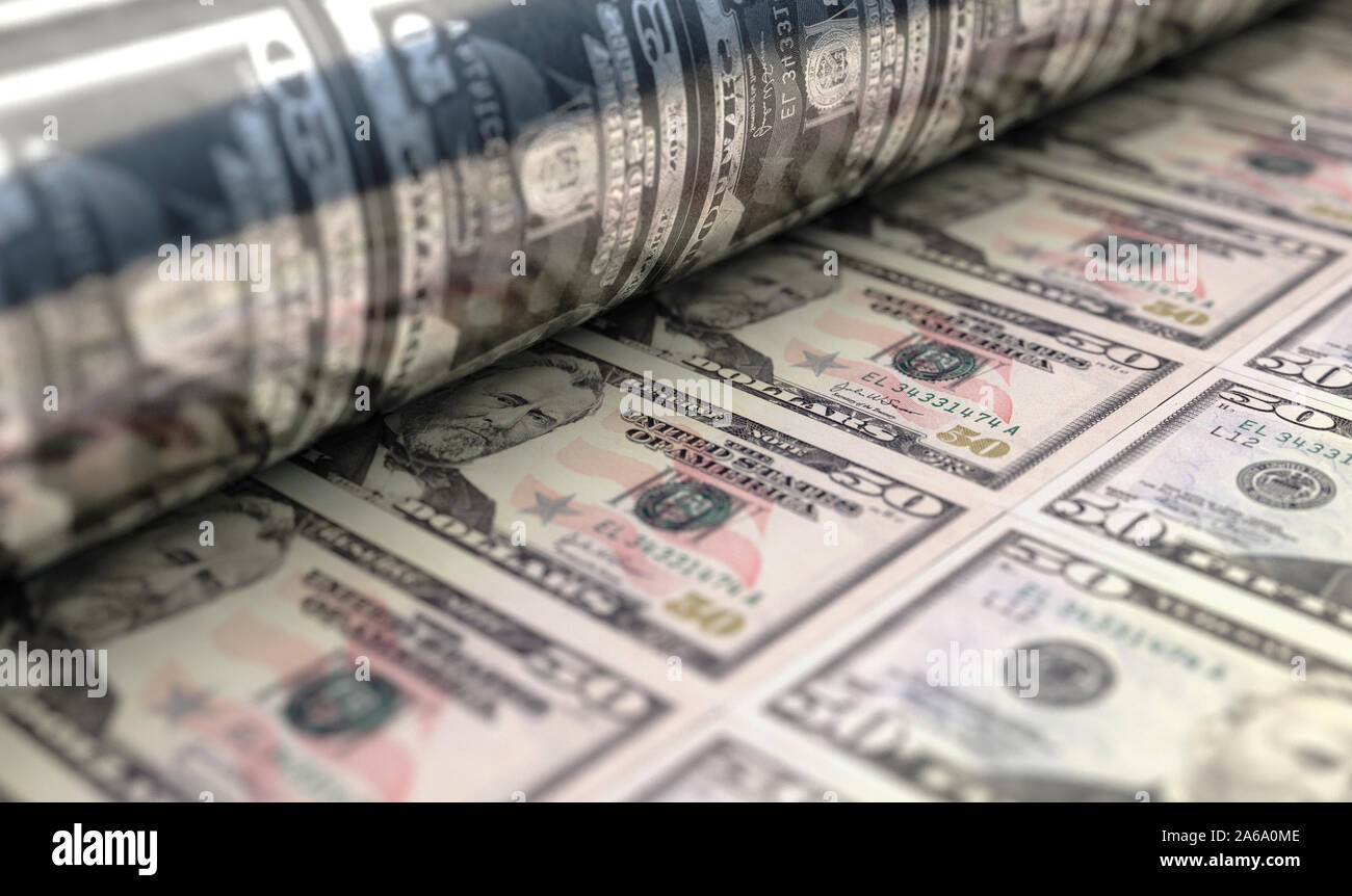A concept image showing a sheet of US Dollar notes going through a ...