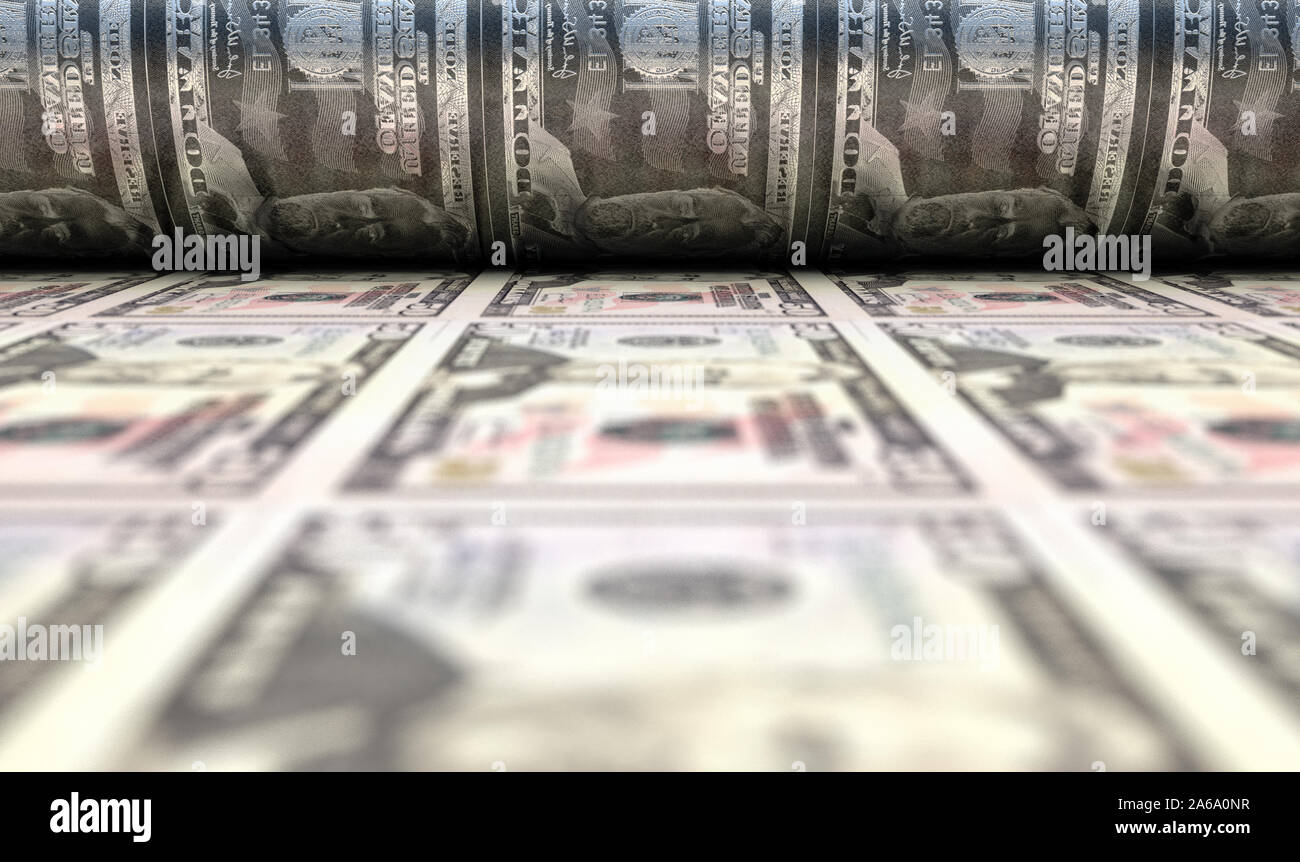 A concept image showing a sheet of US Dollar notes going through a ...