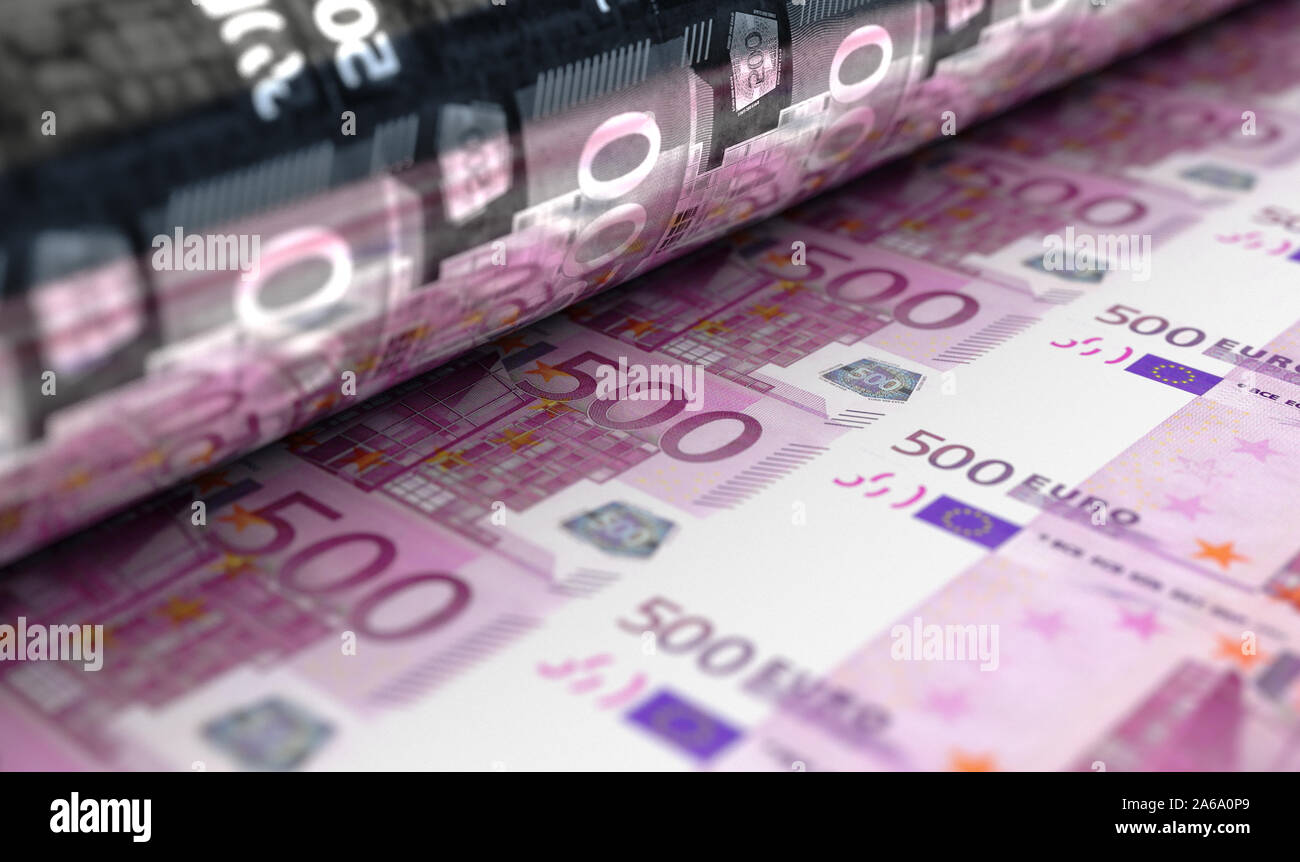 A concept image showing a sheet of European euro notes going through a ...
