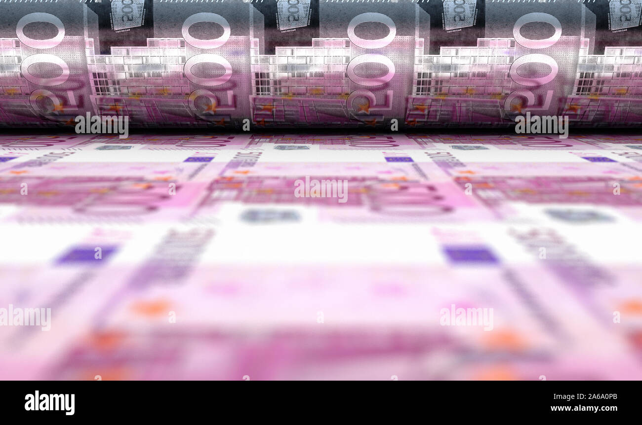 A concept image showing a sheet of European euro notes going through a ...