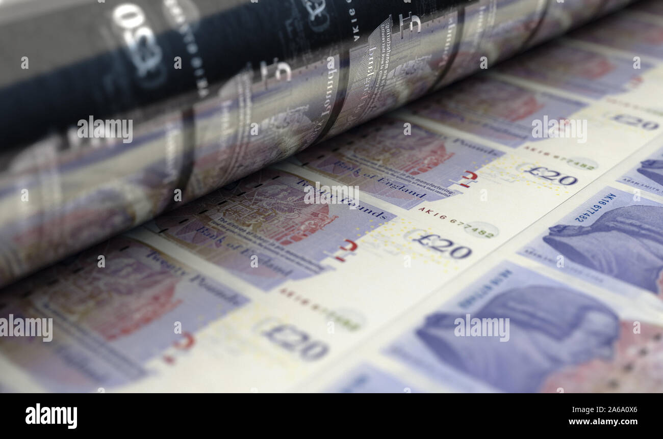 A concept image showing a sheet of british pound notes going through a ...