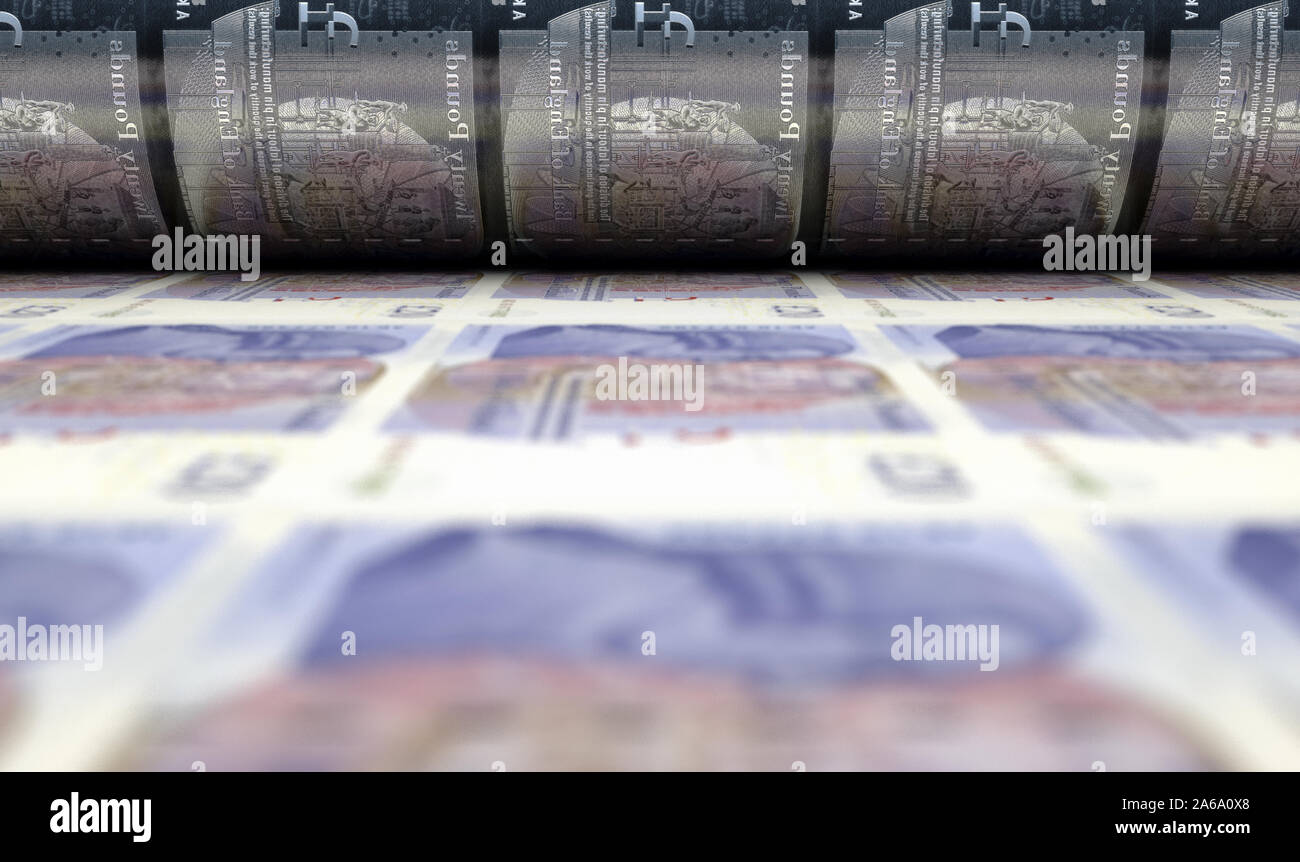 A concept image showing a sheet of british pound notes going through a ...