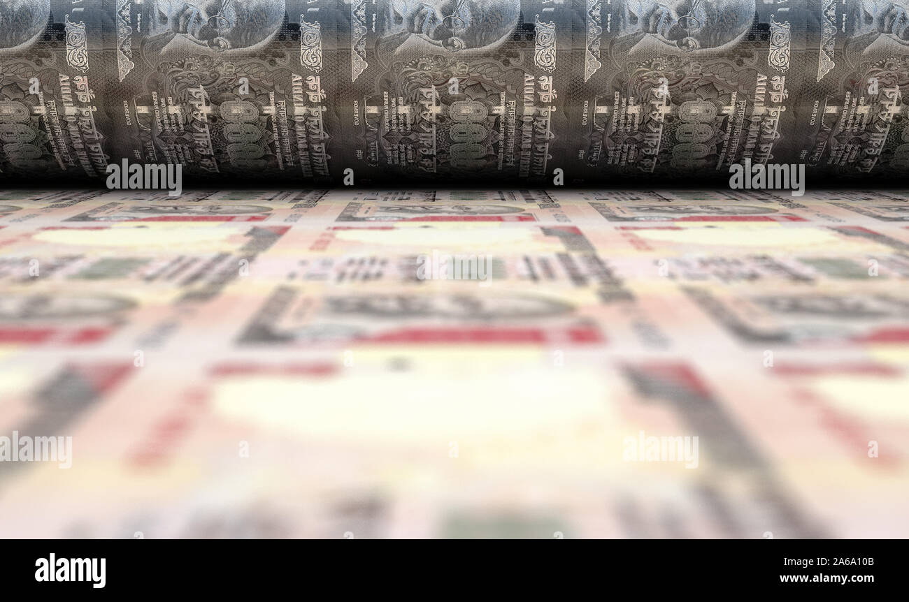 A concept image showing a sheet of indian rupee notes going through a ...