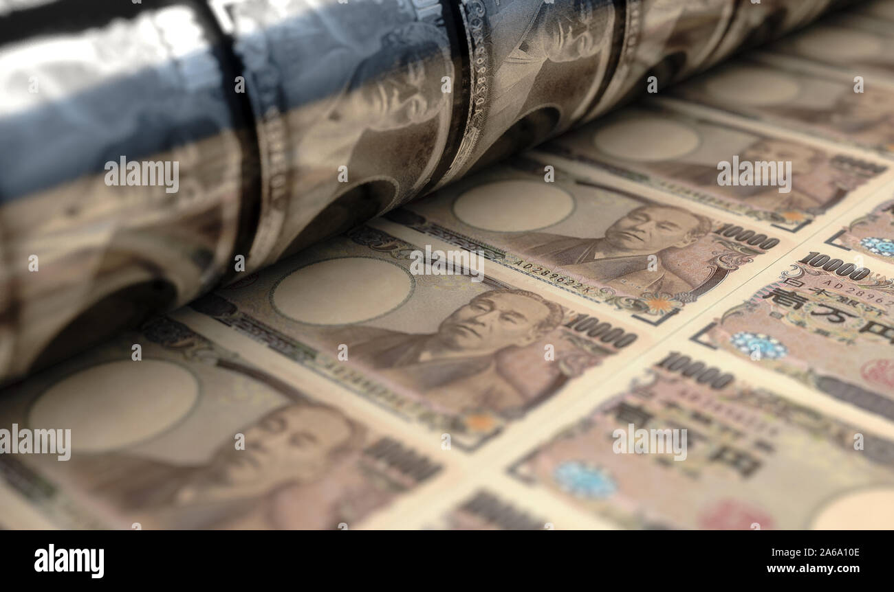 A concept image showing a sheet of Japanese Yen notes going through a ...