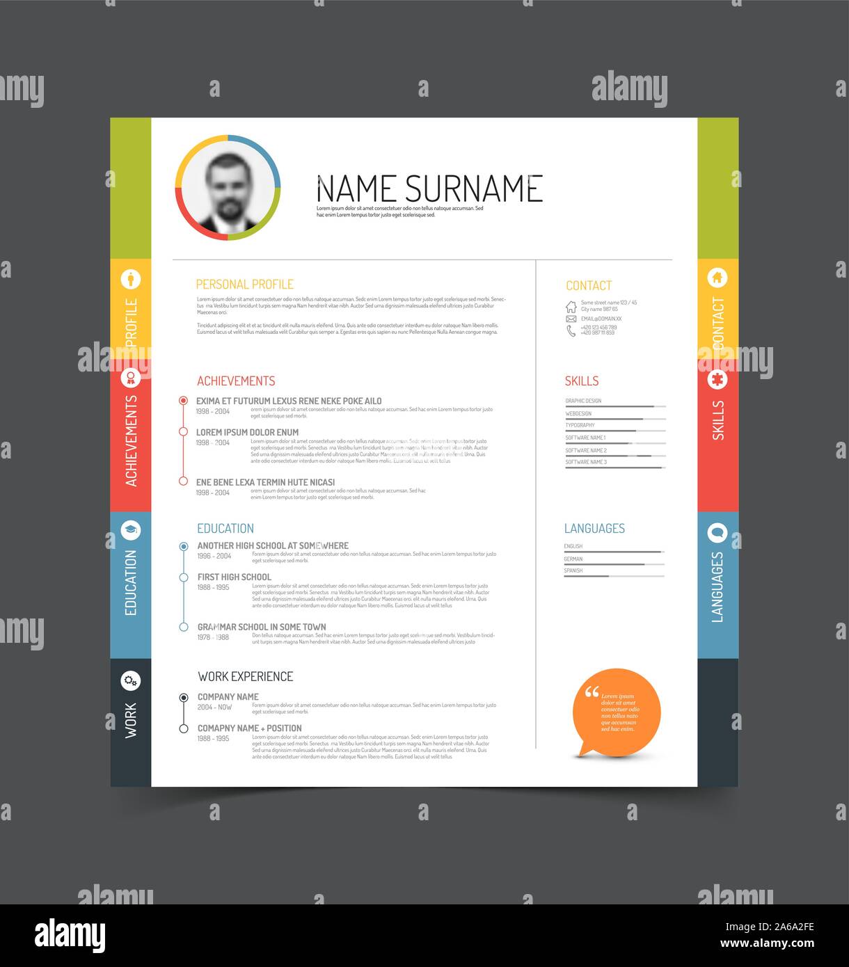 Vector minimalist cv / resume template - color version with a profile ...
