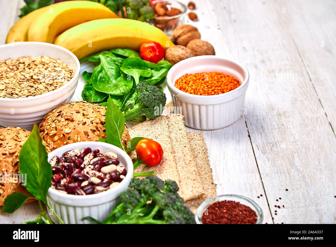 Selection food rich in fiber on white wooden background, Healthy diet ...