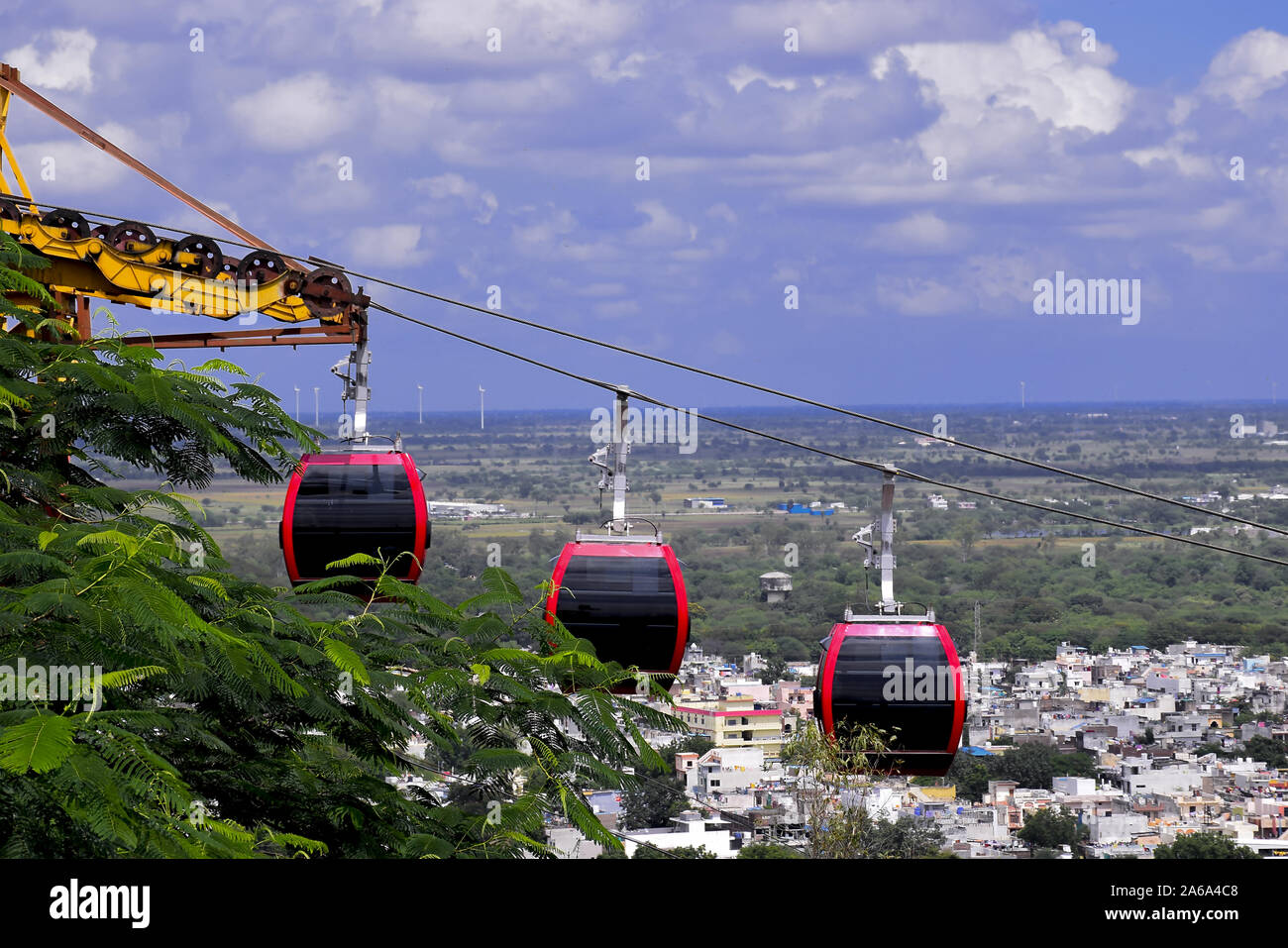 beautiful view of dewas city and rope-way cable car, taken from the ...