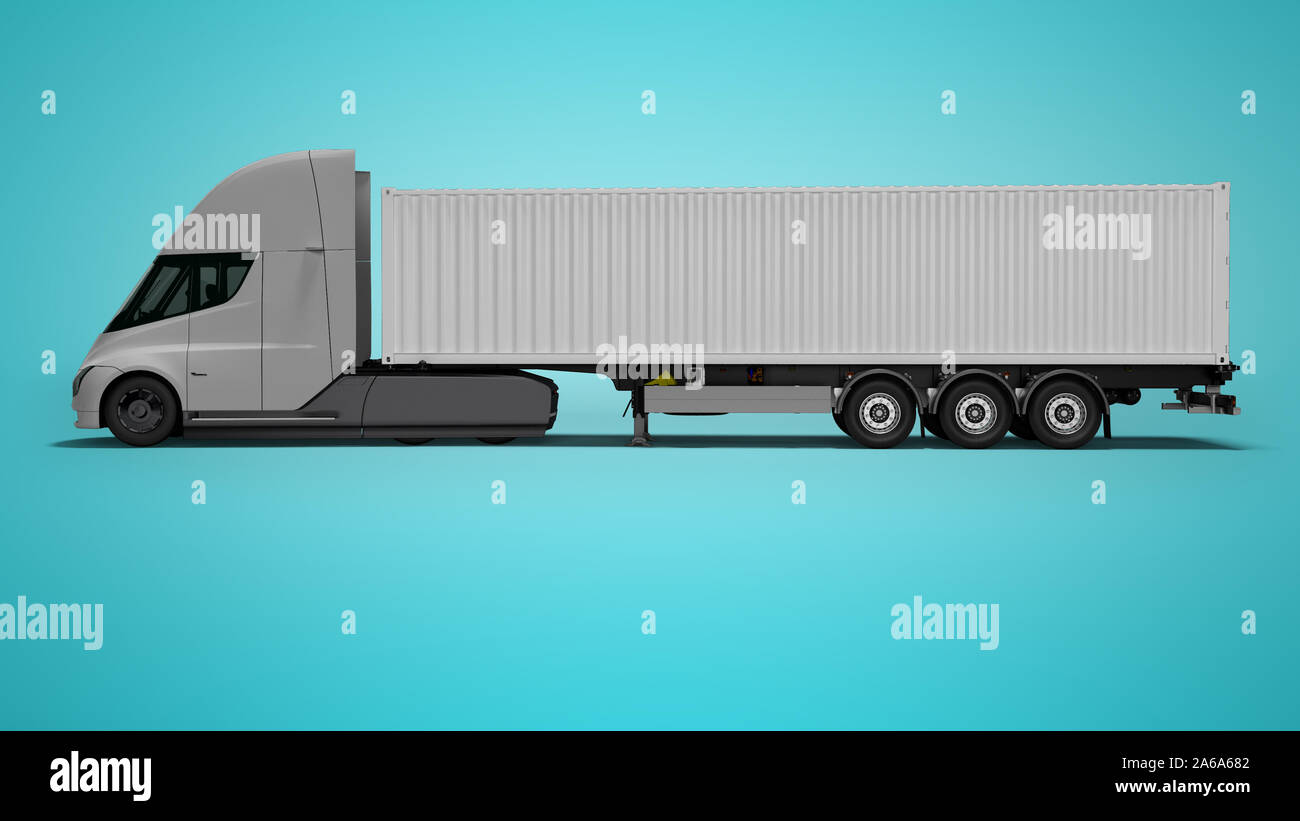 Gray electric tractor with white trailer right view 3d render on blue ...