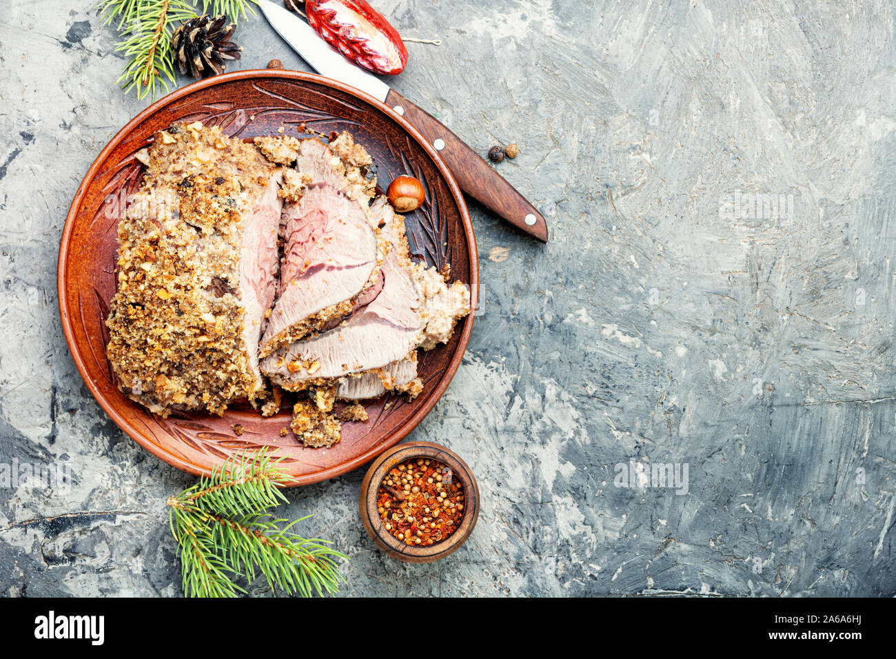 Baked beef under bread crust.Roasted beef.Space for text Stock Photo ...