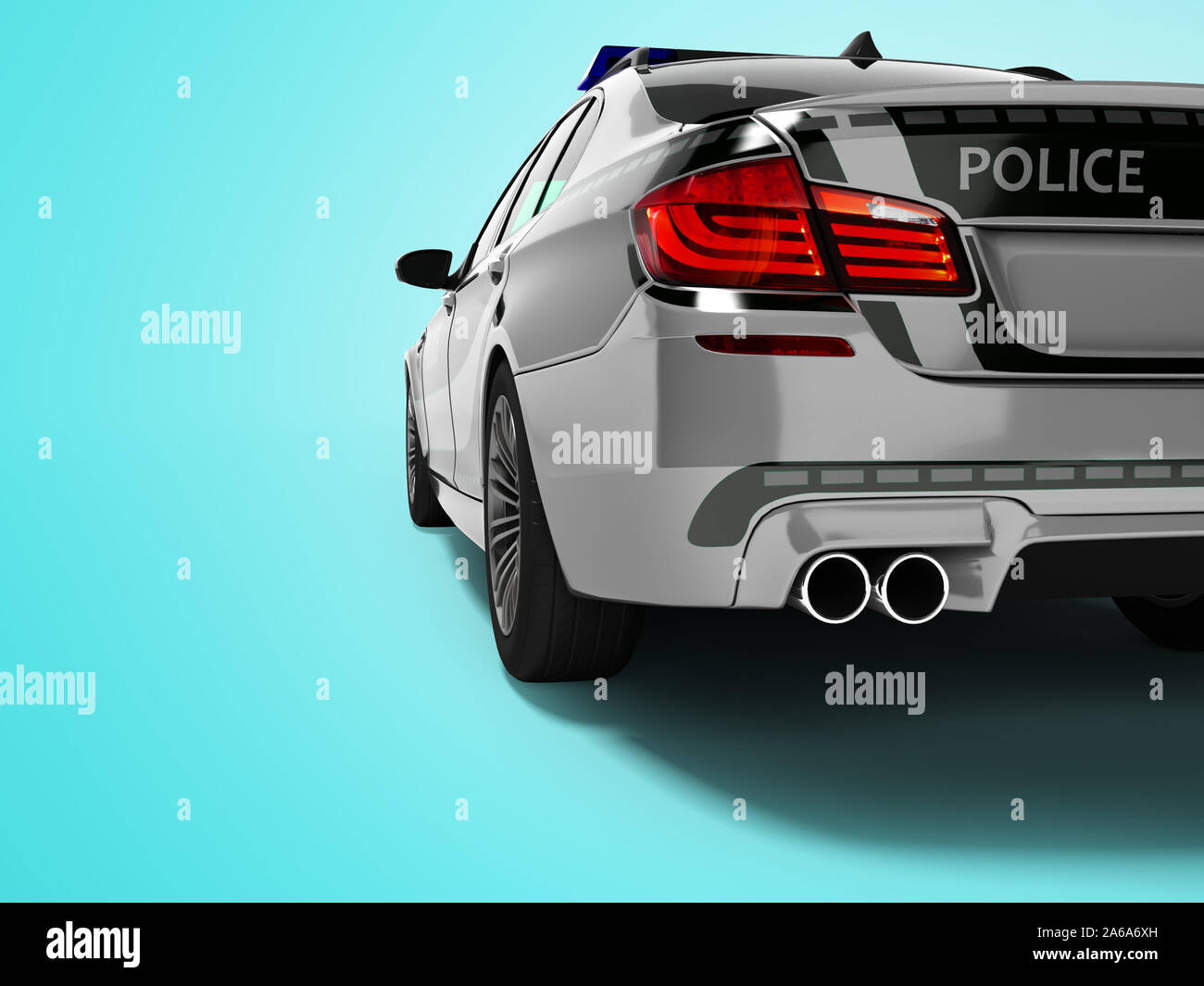Police car sedan gray with green inserts rear view 3d render on blue ...