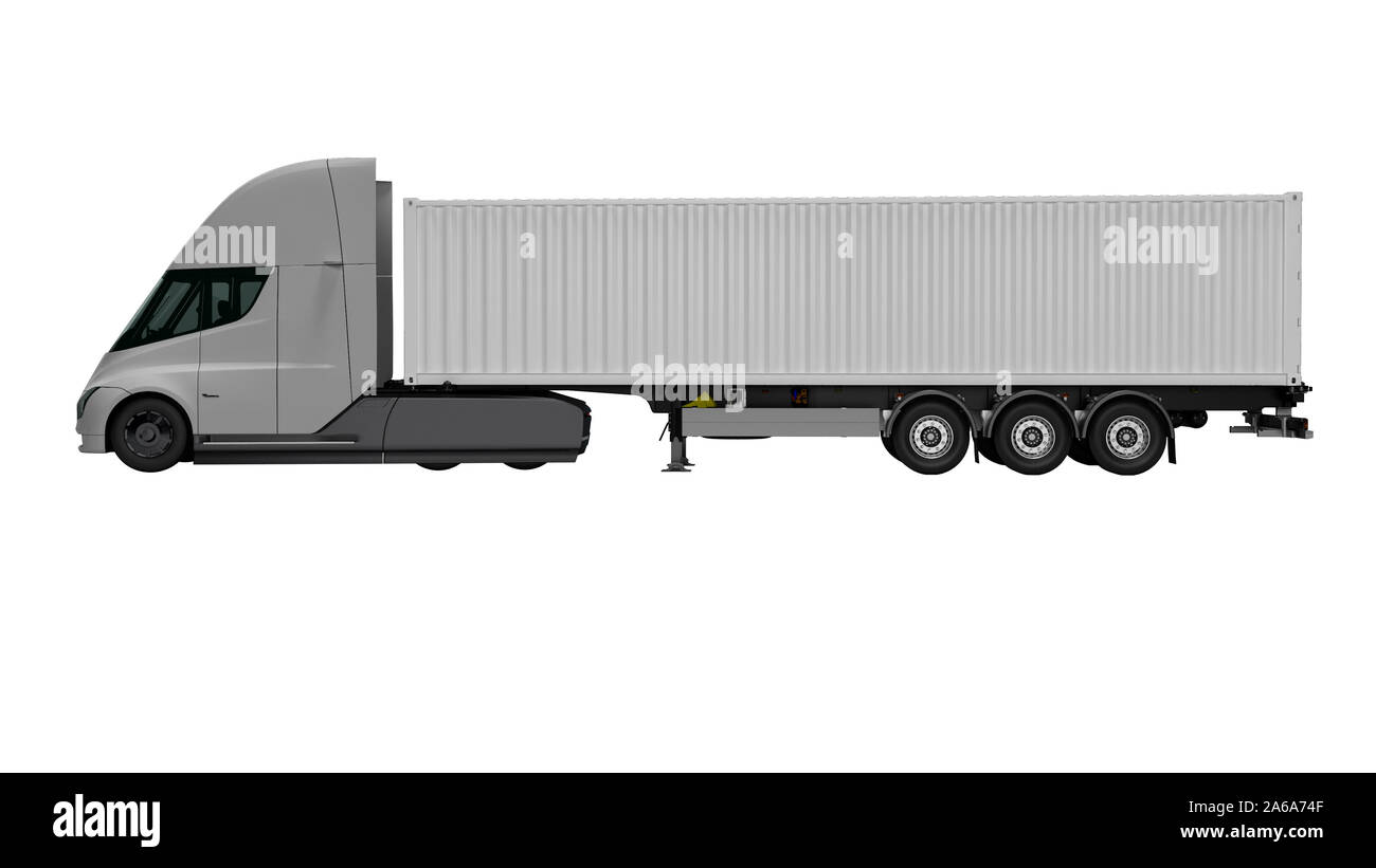 Gray electric tractor with white trailer right view 3d render on white ...