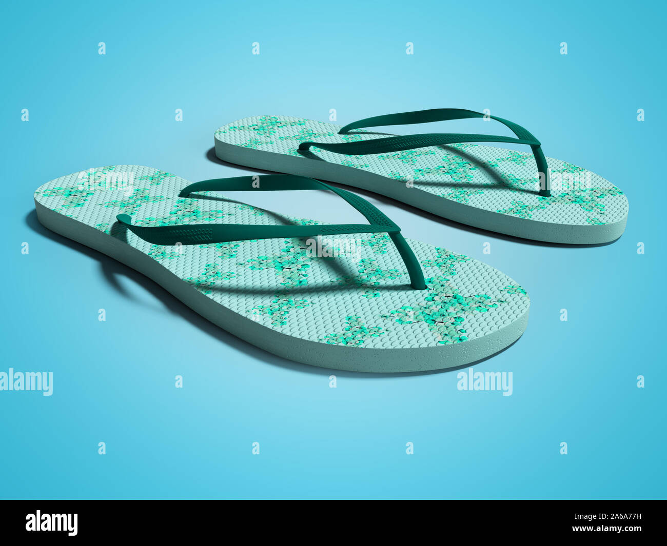 Modern blue beach slippers with flowers 3d render on blue background ...