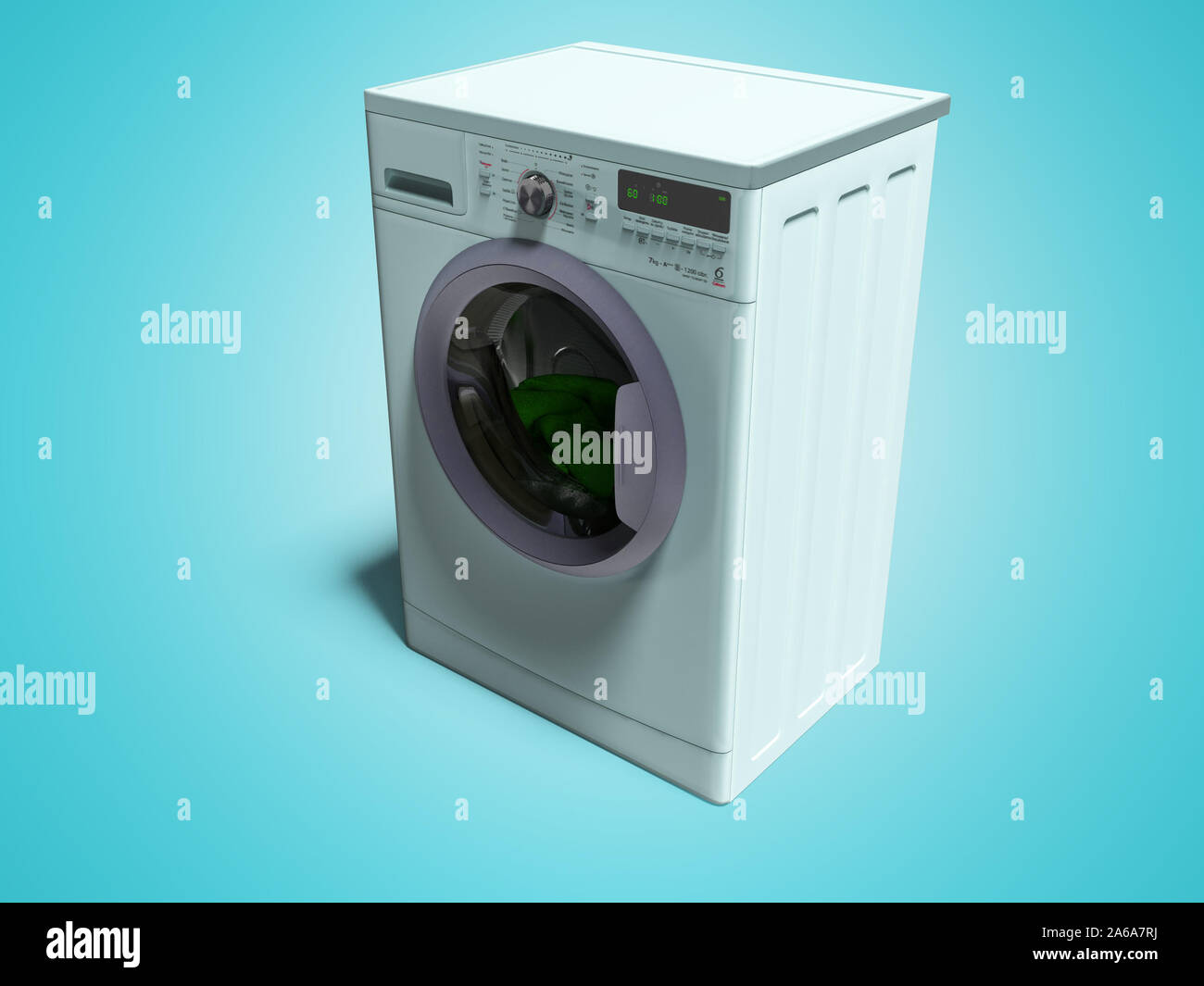 Modern blue washing machine with things in the water 3d render on blue ...