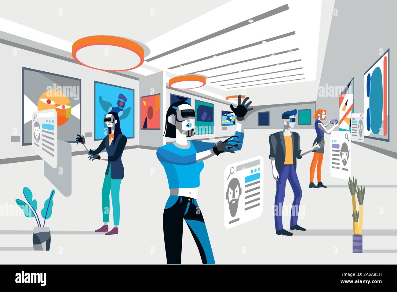 Cool people looking modern abstract paintings in art exhibition wearing ...