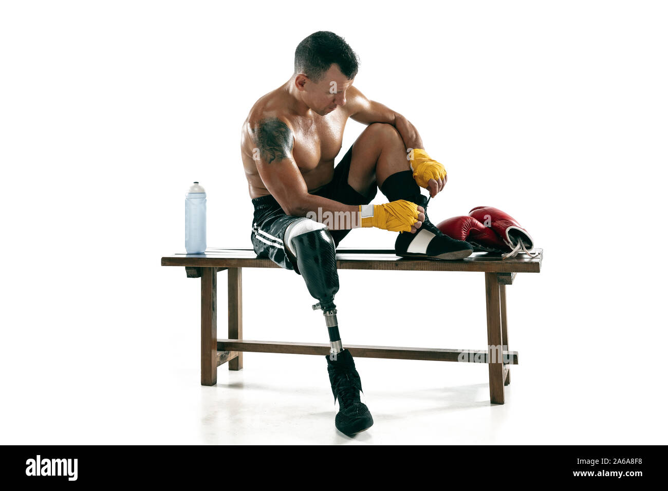 Full length portrait of muscular sportsman with prosthetic leg, copy ...