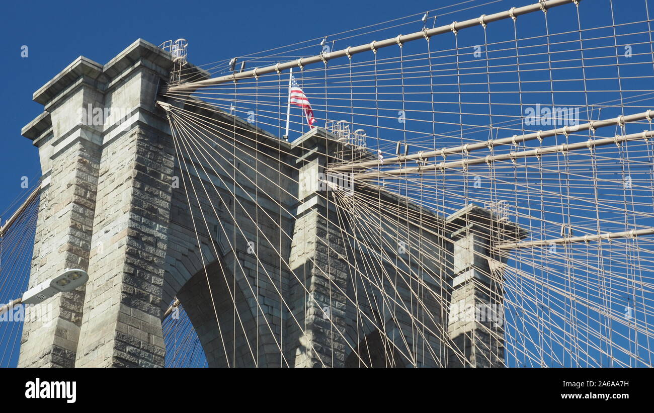 A pylon of the Brooklyn Bridge from the Dumbo-Manhattan ferry Stock ...